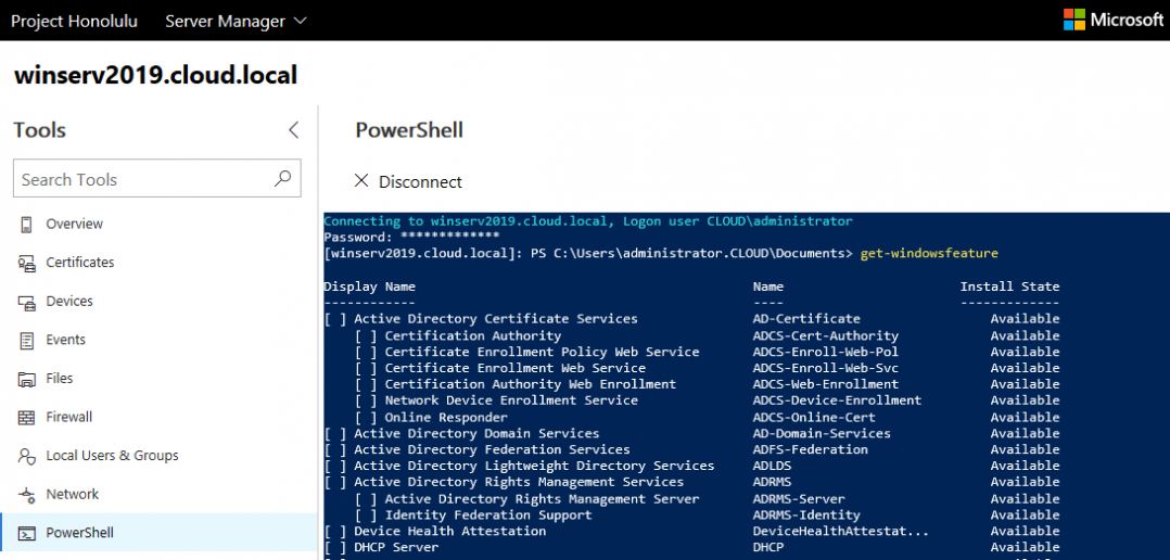 Windows Server 2019 Installing Roles and Features with Project Honolulu PowerShell ...