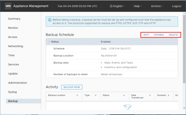 Vmware Vcenter Server Vcsa 67 Backup Schedule Feature Configuration